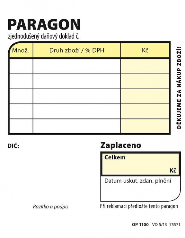 Obchodní paragon nečíslovaný,7,5 x 9,5cm 100 listů | Kancelářské ...